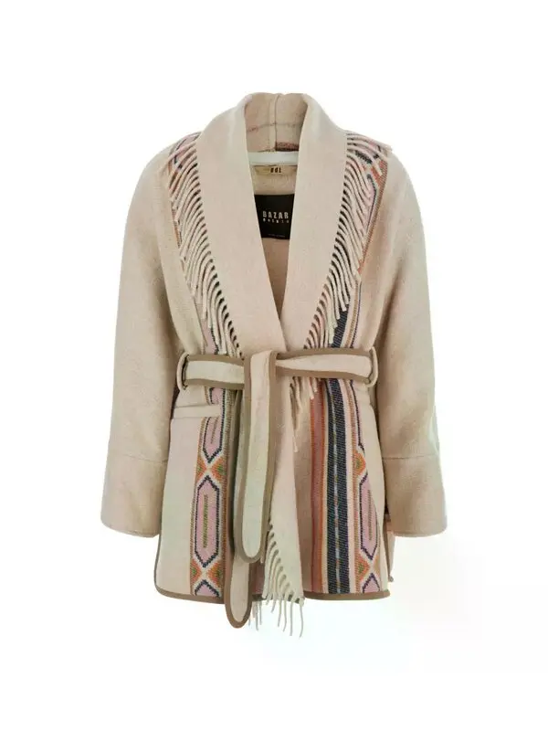 BAZAR DELUXE Fringed Geometric-pattern Cardigan - Neutrals