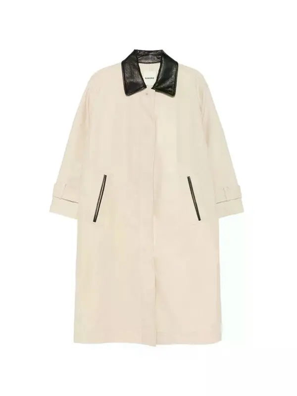 Sandro Long Coat With Leather Collar - Neutrals