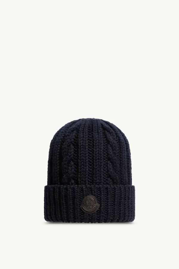 Moncler Leather Logo Wool Beanie - Blue