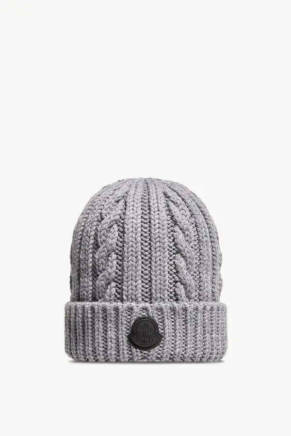 Moncler Leather Logo Wool Beanie - Grey