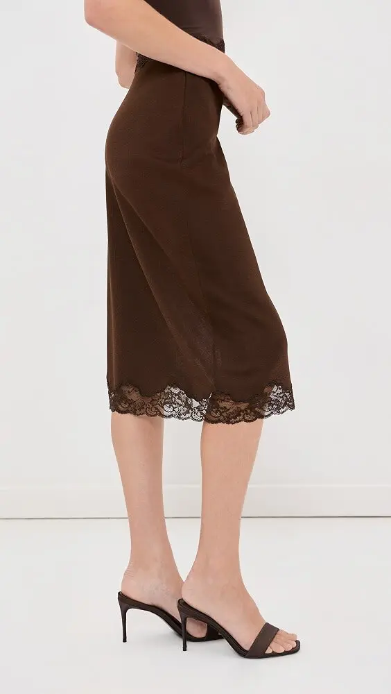 Balmain Knit Knee Length Skirt With Lace Trim - Chataigne