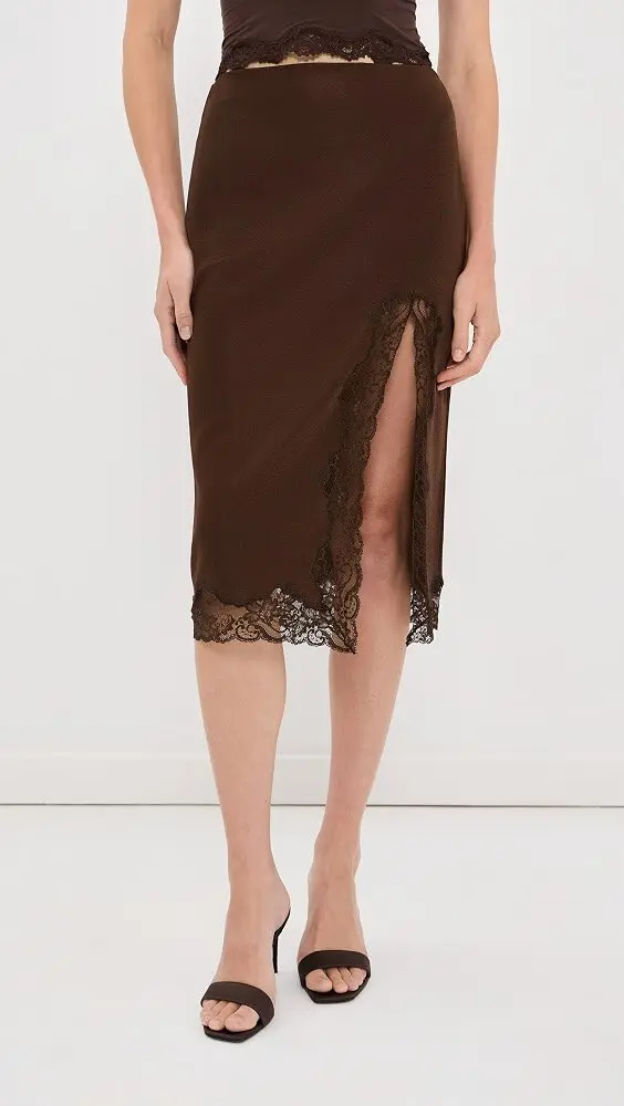 Balmain Knit Knee Length Skirt With Lace Trim - Chataigne