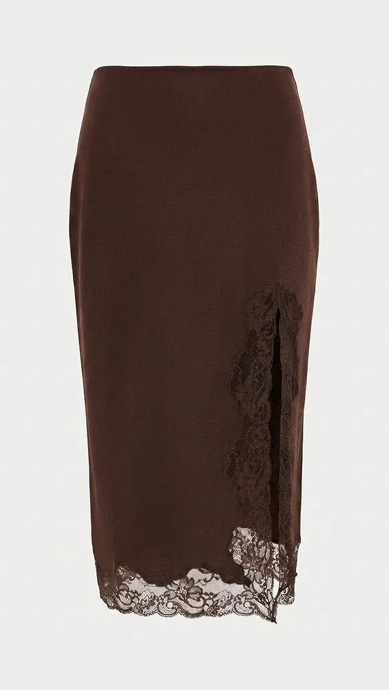 Balmain Knit Knee Length Skirt With Lace Trim - Chataigne