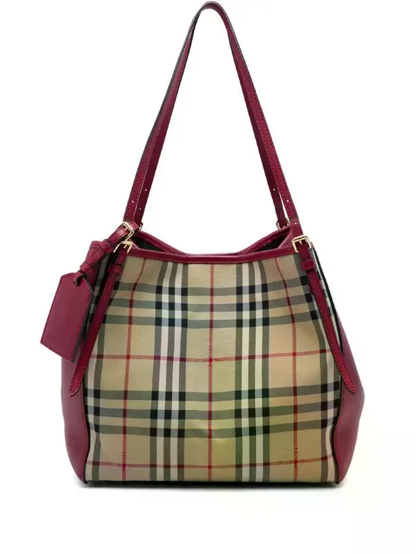 Burberry 2000-2017 Small Haymarket Check Nylon And Calfskin Canterbury Tote Bag - Red