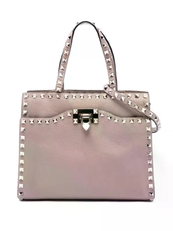 Valentino Garavani 2018-2026 Grained Calfskin Rockstud Flip Lock Tote Satchel - Brown