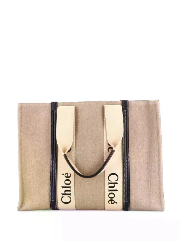 Chloé Woody Canvas With Leather Large Tote Bag - Blue