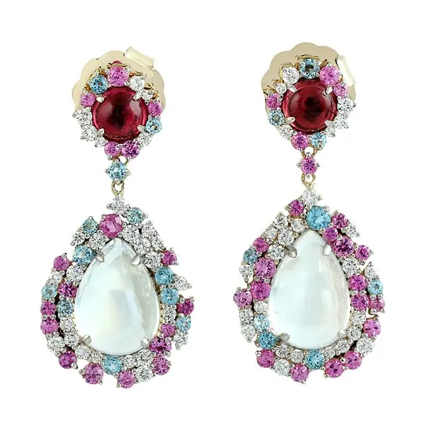 ARTISAN 14k Yellow Tourmaline, Topaz, Sapphire, Moonstone & Diamond Drop Earrings - Gold