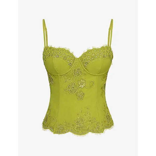 House Of Cb Soraya Hand-beaded Embellished Woven Top - Chartreuse