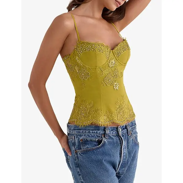 House Of Cb Soraya Hand-beaded Embellished Woven Top - Chartreuse
