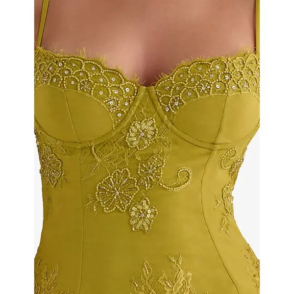 House Of Cb Soraya Hand-beaded Embellished Woven Top - Chartreuse