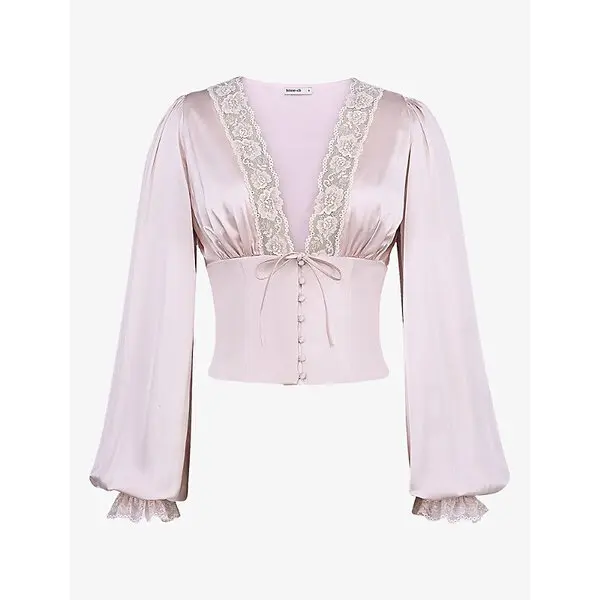 House Of Cb Luciana Lace-trim Silk Top - Pink