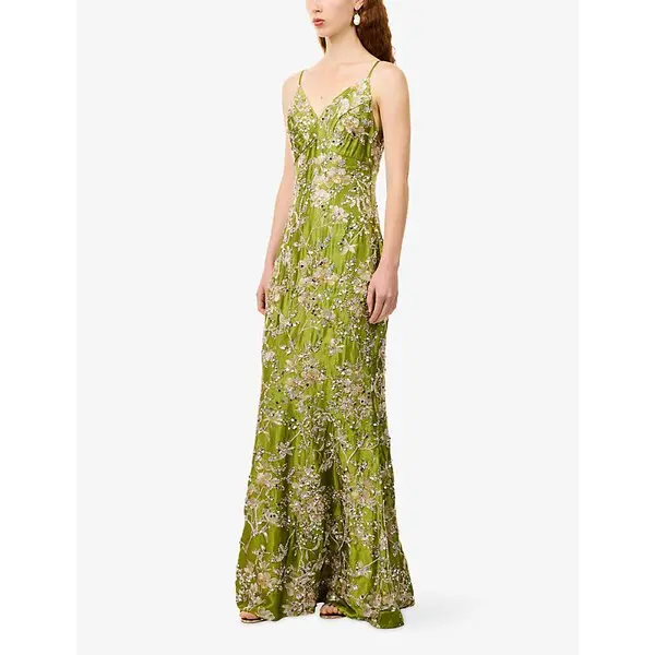 NADINE MERABI Gia V-neck Embroidered Maxi Dress