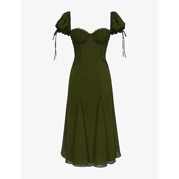 House Of Cb Marceline Puff-sleeve Chiffon Midi Dress - Olive