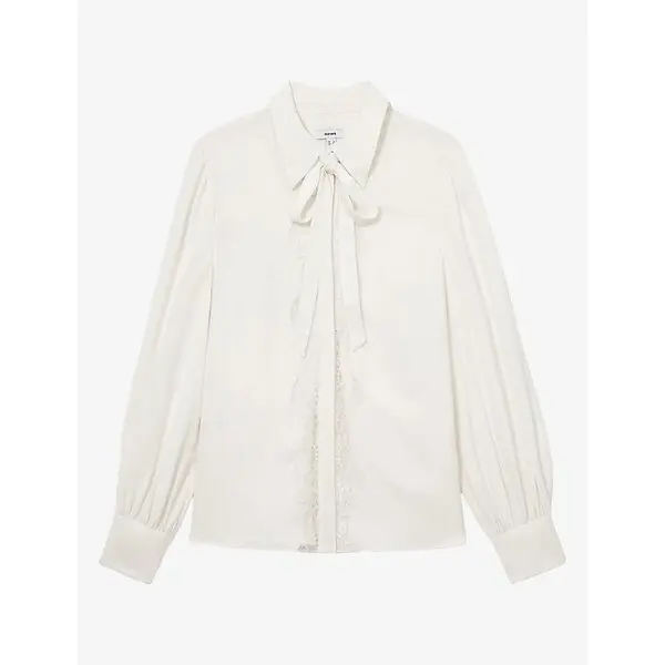 REISS Estelle Lace-trim Tie-neck Crepe Blouson Shirt - Ivory
