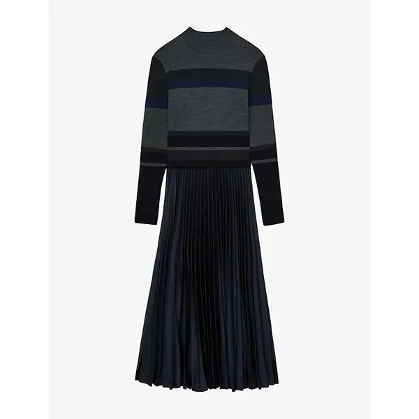 REISS Carla Striped Pleated Wool-blend Midi Dress