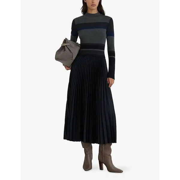 REISS Carla Striped Pleated Wool-blend Midi Dress