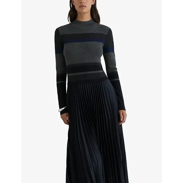 REISS Carla Striped Pleated Wool-blend Midi Dress