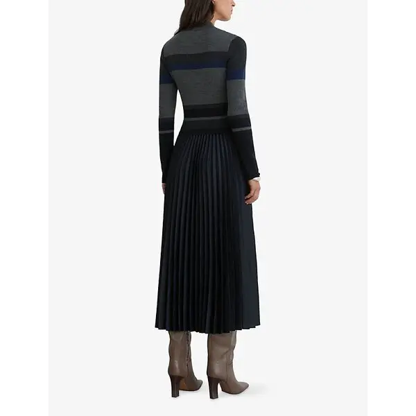 REISS Carla Striped Pleated Wool-blend Midi Dress