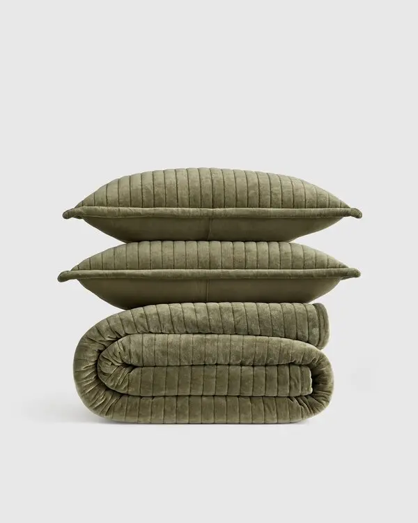 Quince Cotton Velvet Horizontal Channel Quilt Set - Moss