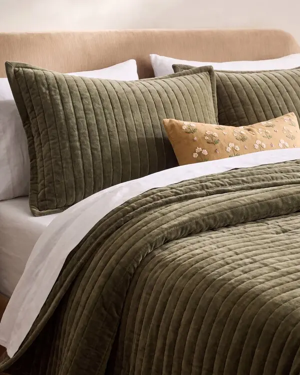 Quince Cotton Velvet Wide Channel Quilted Sham Set - Moss
