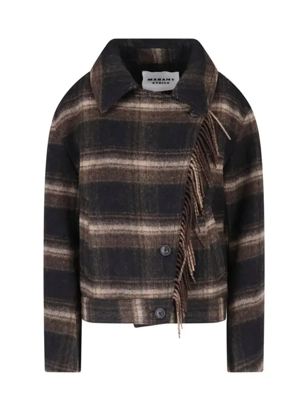 MARANT ETOILE Fringe Plaid Wool Jacket - Brown