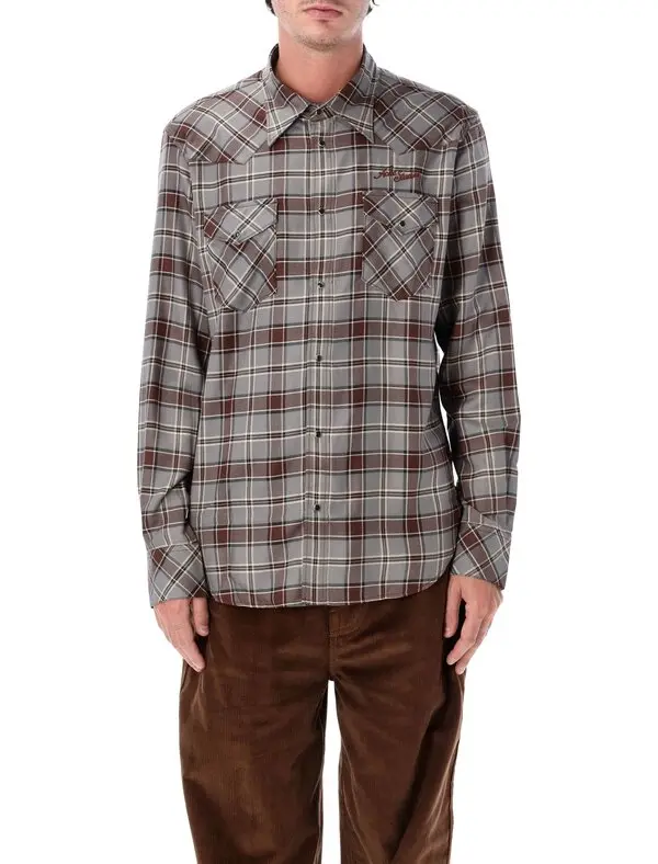 Acne Studios Fluid Flannel Check Button-up Shirt With Shoulder Patches And Snap Pockets