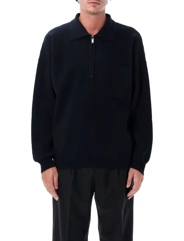 ROBERTO COLLINA Long-sleeve Merino Wool Half-zip Polo With Patch Pocket - Blu