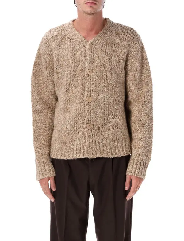 SUNFLOWER John Textured Italian Wool & Alpaca Cardigan With Subtle V-neck And Corozo Buttons - Dark Sand