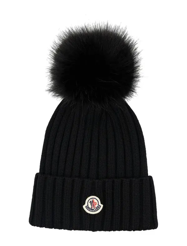 Moncler Ribbed Knit Beanie With Turn-up Cuff & Logo Patch Pom-pom - Nero