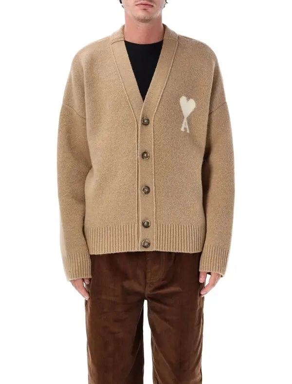 AMI Paris Soft Alpaca V-neck Cardigan With Engraved Horn Buttons And Intarsia Logo - Beige Mastic/ecru