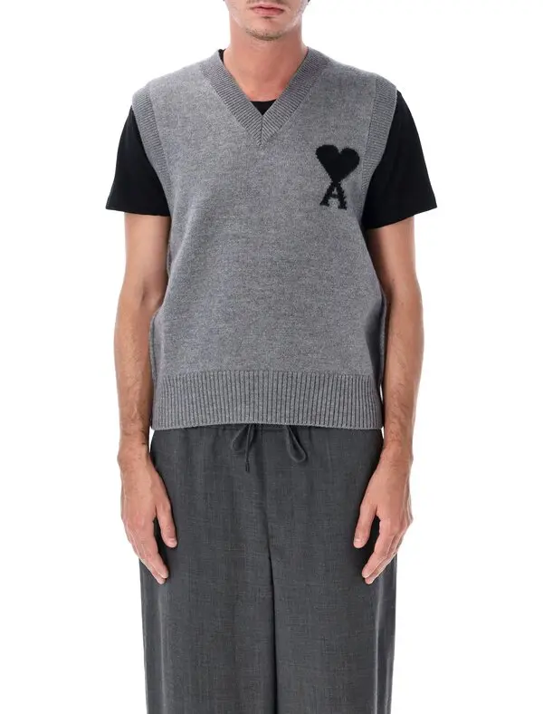 AMI Paris Felted Merino Wool Of Caur V-neck Vest With Intarsia - Grigio