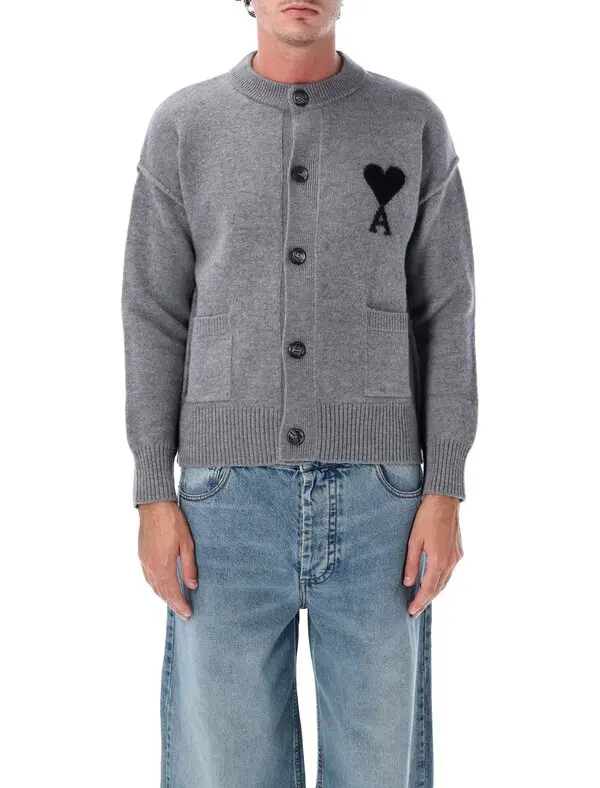 AMI Paris Felted Merino Wool Crewneck Cardigan With Intarsia Logo & Engraved Horn Buttons - Grey Black