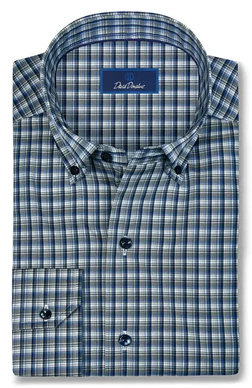 David Donahue Check Pima Cotton Button Up Shirt - Navy/olive