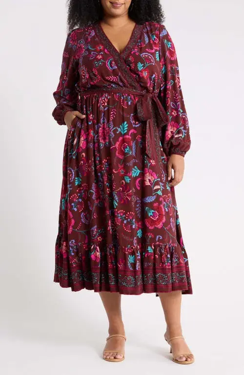 SUGARLIPS Tory Paisley Mindie Wrap Midi Dress - Burgundy-multi