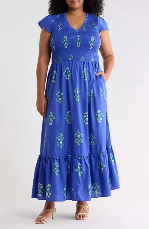 SUGARLIPS Haline Liora Smocked Floral Cotton Dress - Navy-multi