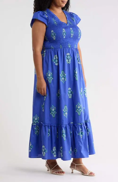 SUGARLIPS Haline Liora Smocked Floral Cotton Dress - Navy-multi