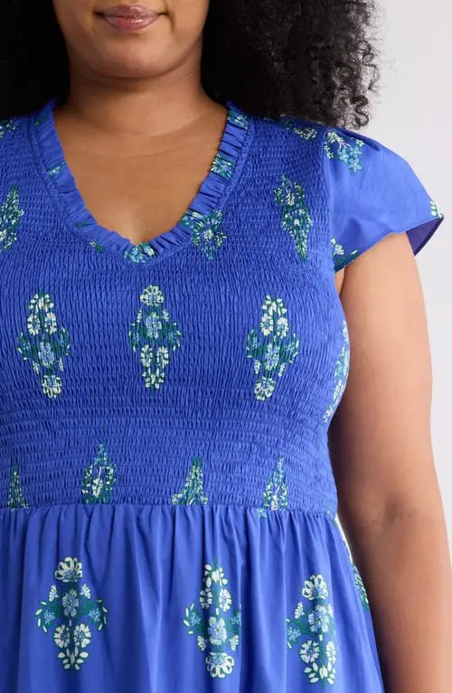 SUGARLIPS Haline Liora Smocked Floral Cotton Dress - Navy-multi