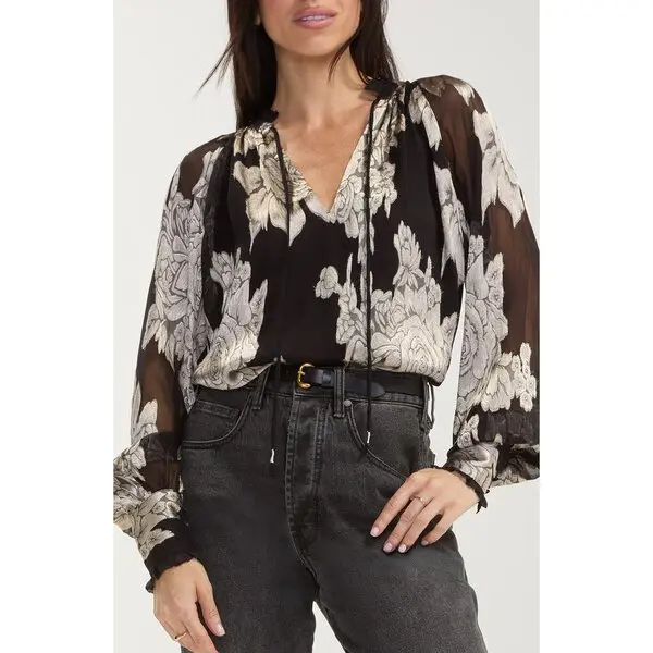 LIVERPOOL Floral Jacquard Chiffon Split Neck Top