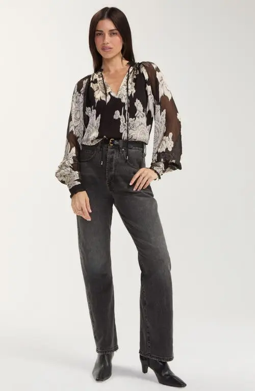 LIVERPOOL Floral Jacquard Chiffon Split Neck Top