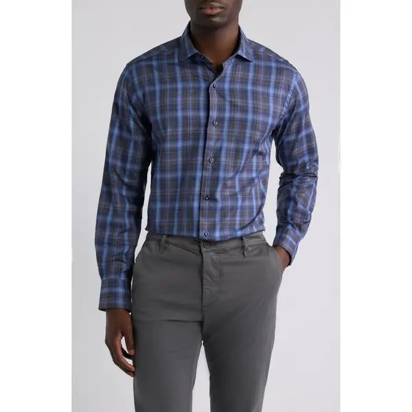 David Donahue Check Sport Shirt - Navy/chocolate