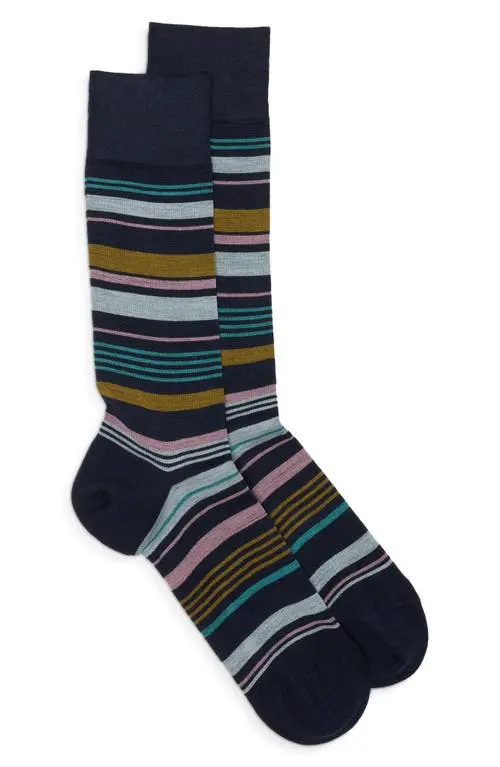 Pantherella Hamnet Stripe Wool Blend Dress Socks - Navy 01