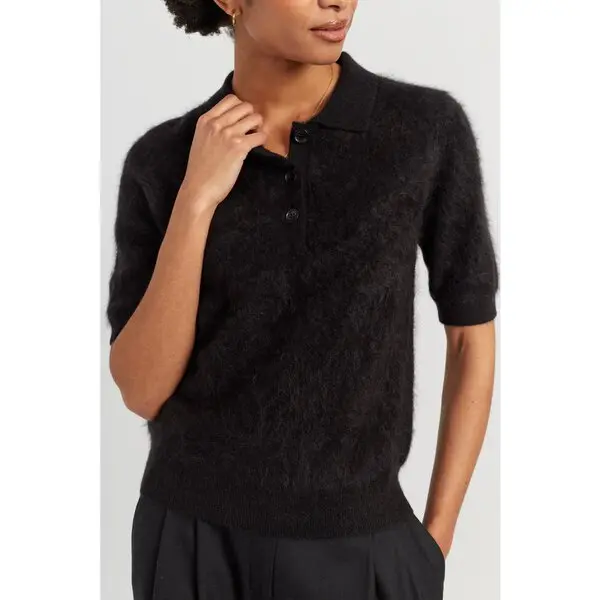 Chinti & Parker Brushed Cashmere Polo Tee - Black