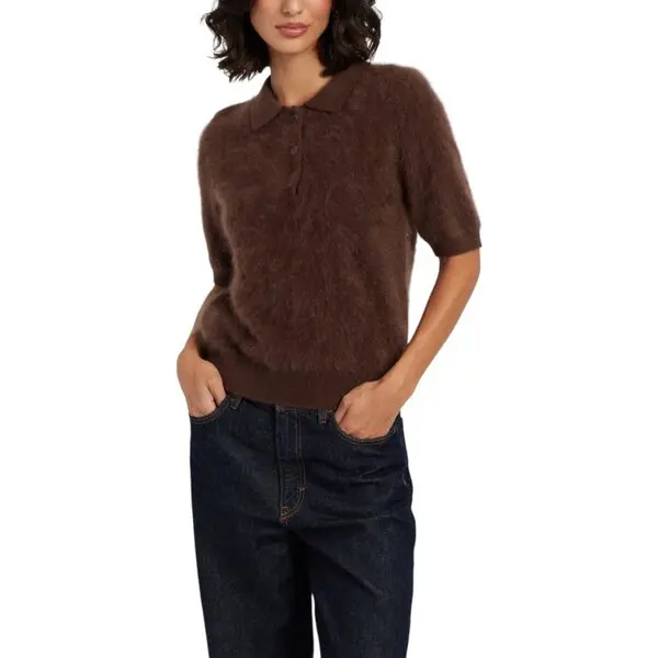 Chinti & Parker Brushed Cashmere Polo Tee - Chocolate
