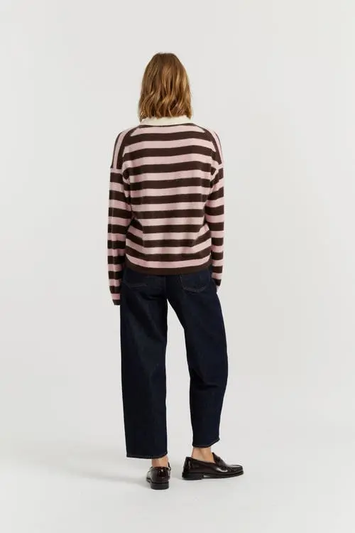 Chinti & Parker Merino Stripe Polo Top - Pink