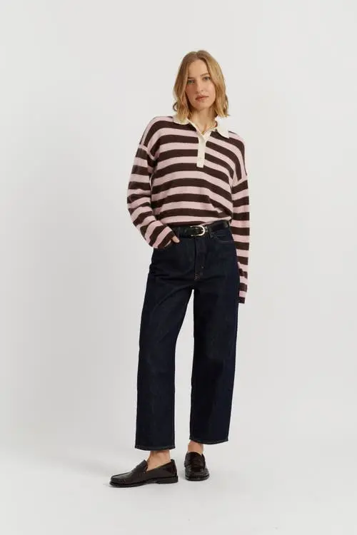 Chinti & Parker Merino Stripe Polo Top - Pink