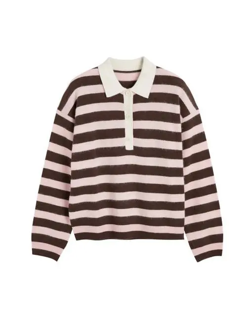 Chinti & Parker Merino Stripe Polo Top - Pink