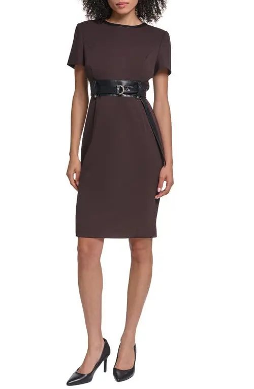 Karl Lagerfeld Paris Faux Leather Detail Belted Scuba Crepe Sheath Dress - Espresso/black