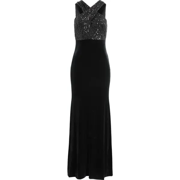 Eliza J Sequin Cross Neck Mixed Media Gown