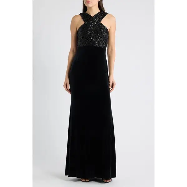 Eliza J Sequin Cross Neck Mixed Media Gown