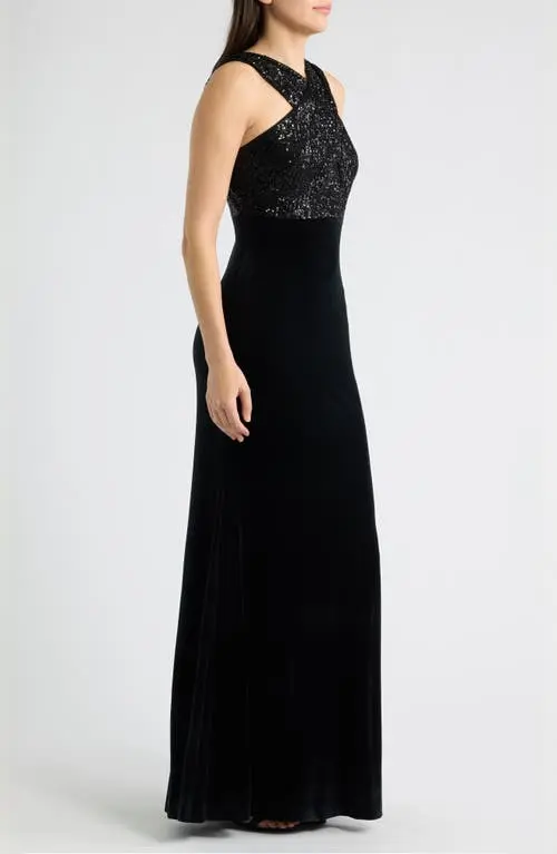 Eliza J Sequin Cross Neck Mixed Media Gown